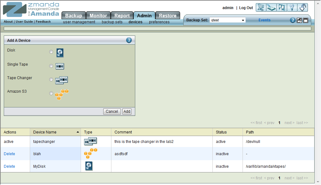 AdminDevices - Zmanda Documentation Wiki